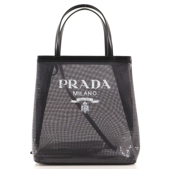 Prada | Bags | Prada Logo Convertible Tote Sequined Mesh Small Black ...